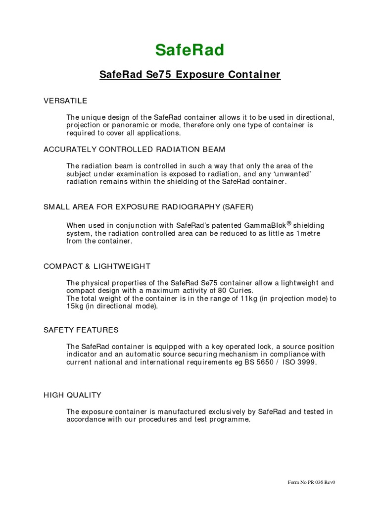 Saferad: Saferad Se75 Exposure Container | PDF