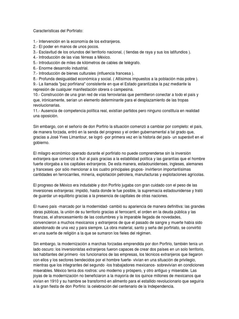 Características del Porfiriato en México | PDF | México | Economias