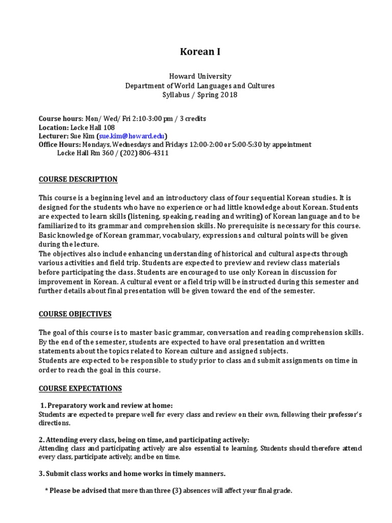 Korean I Syllabus Fall 2018 | Korean Language | Homework