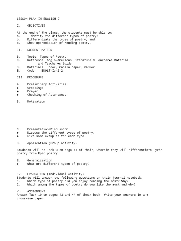 Lesson Plan in Poetry | PDF