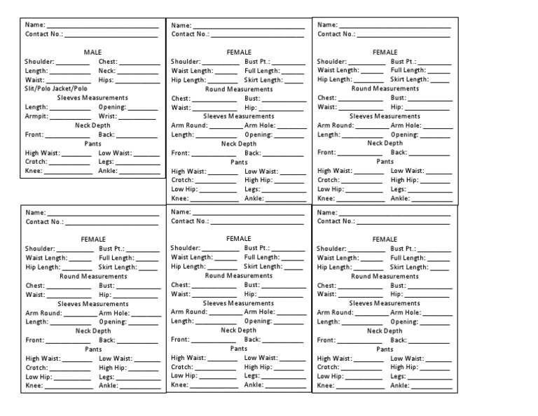 Tailoring Measurement Form Template | PDF | Trousers | Waist