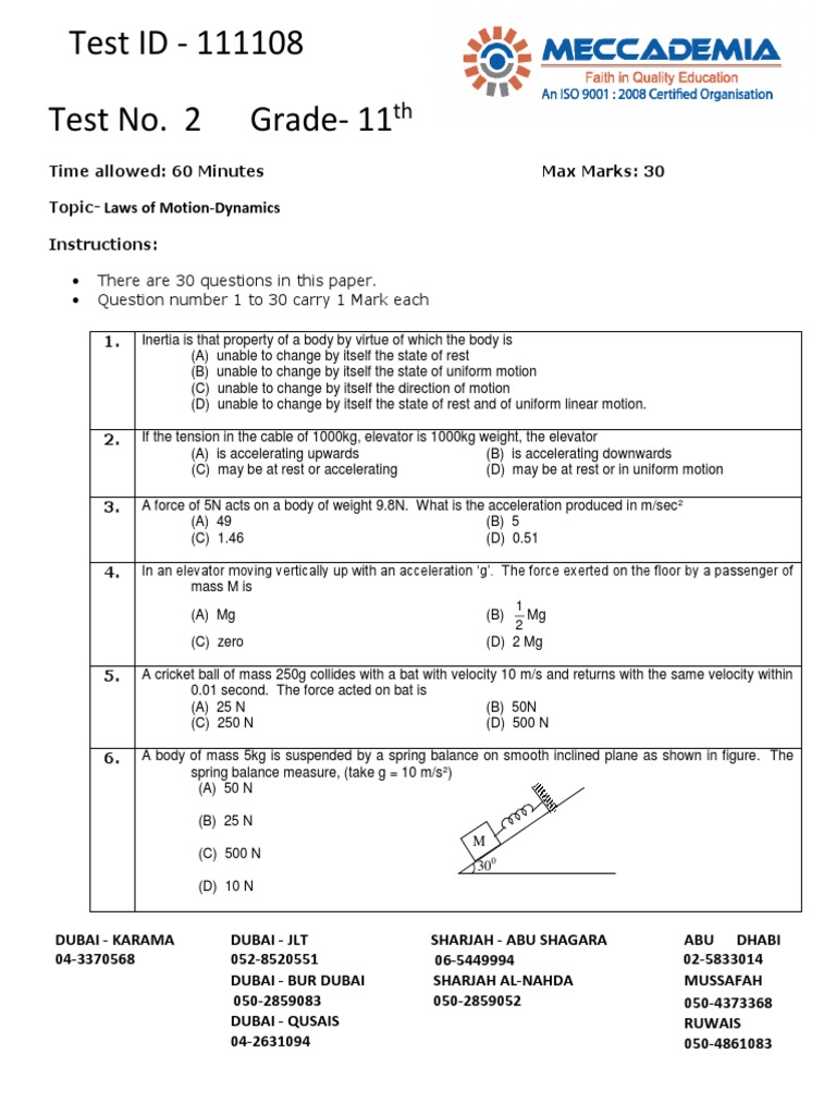 Dynamics Test for 11th Grade Students | PDF | Force | Tension (Physics)