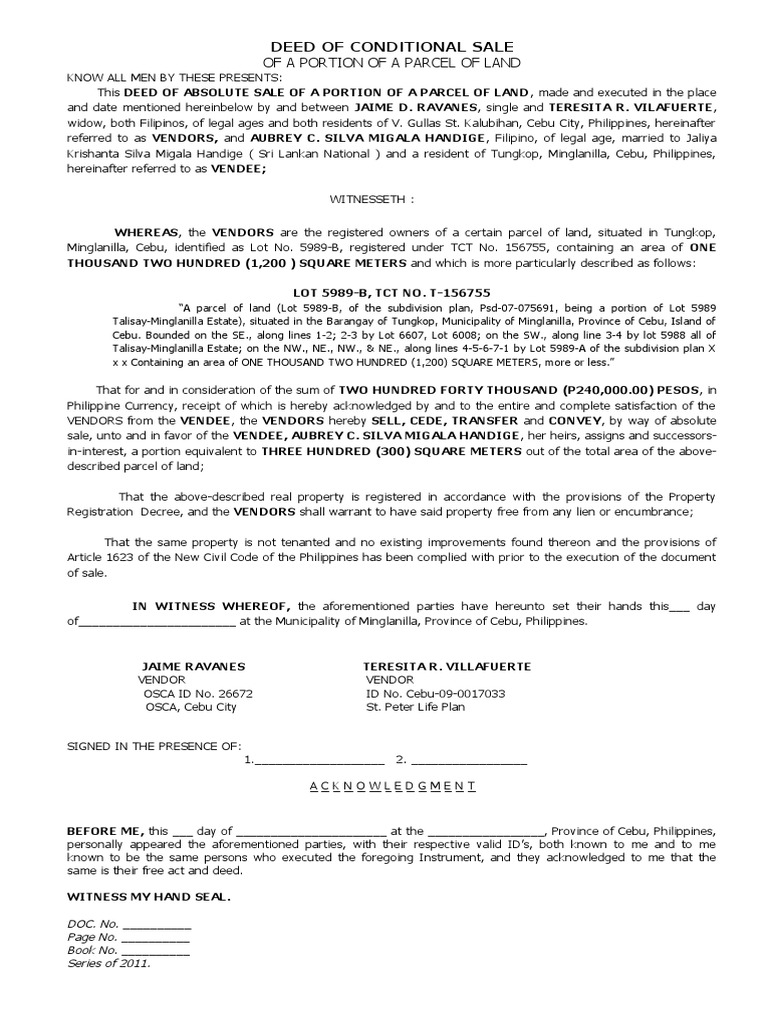 Deed of Conditional Sale | PDF | Land Lot | Urban