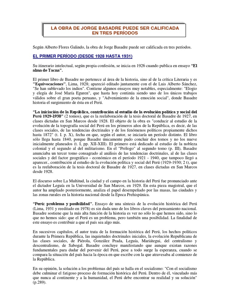 La Obra de Jorge Basadre PDF | PDF | Perú | Agitación