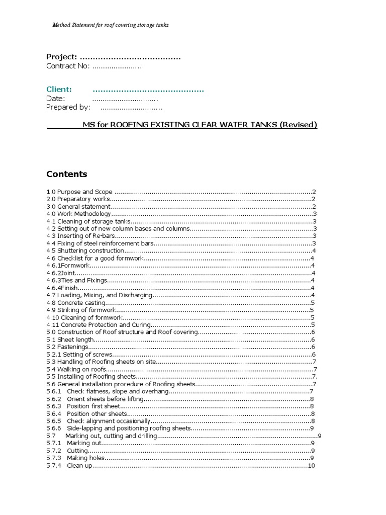 Method Statement For Roof Covering of Three Clear Water Storage Tanks ...
