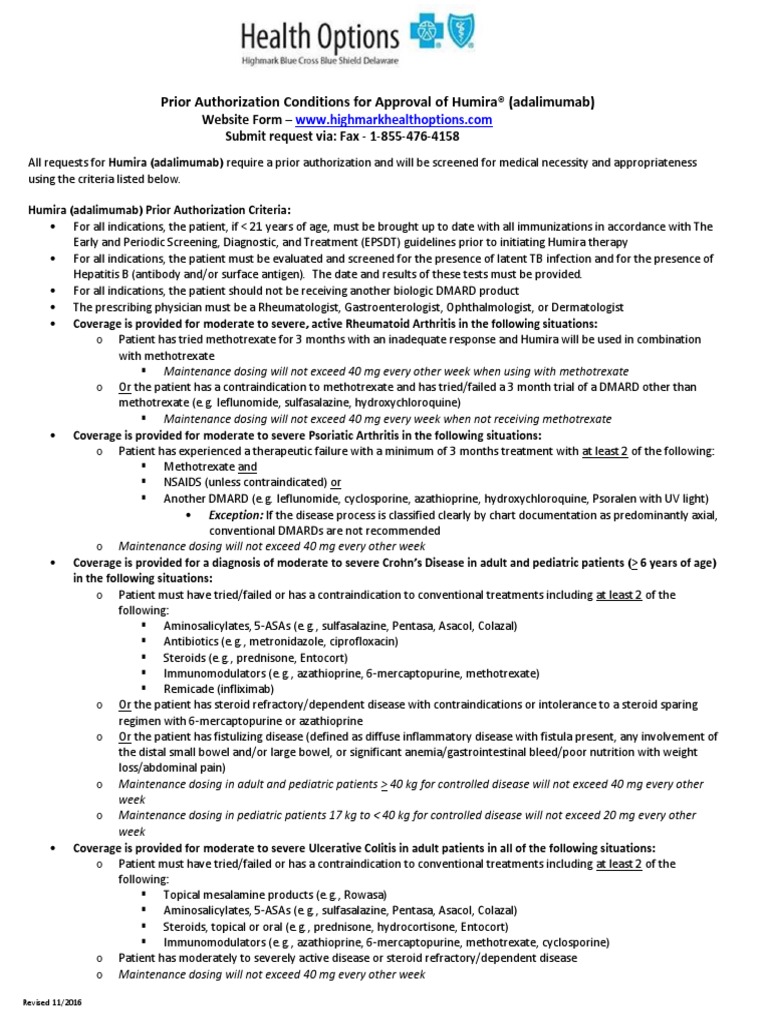 Prior Authorization Conditions For Approval of Humira® (Adalimumab ...