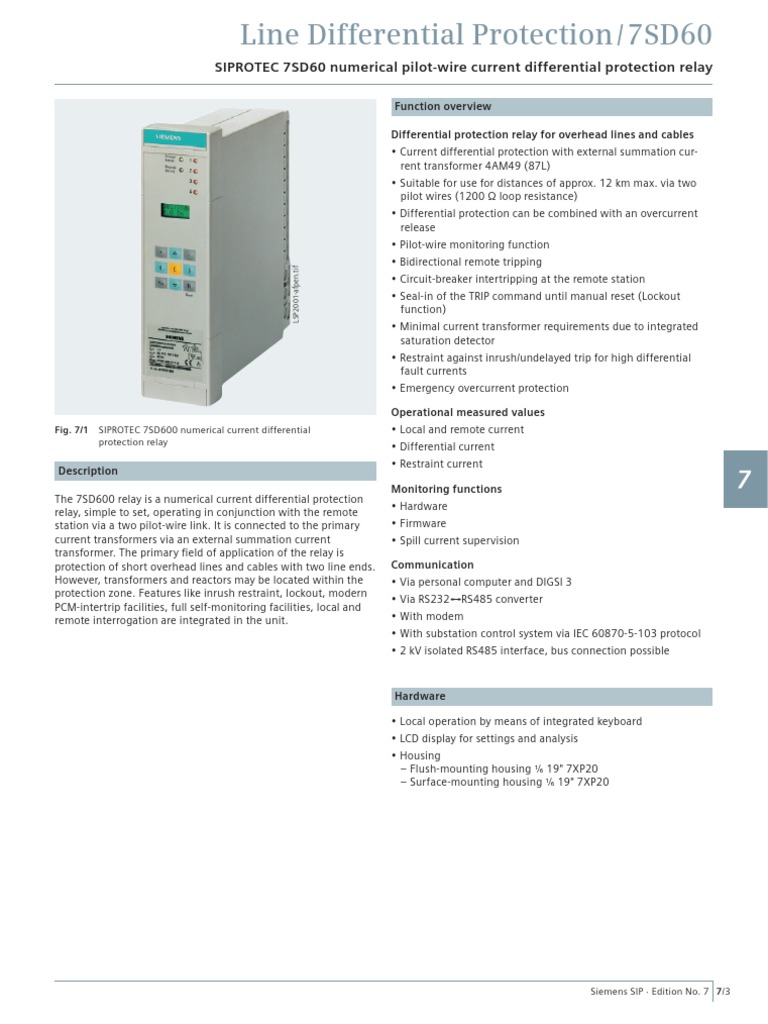 7SD60 Pilot Wire Protection Relay | PDF | Hertz | Transformer