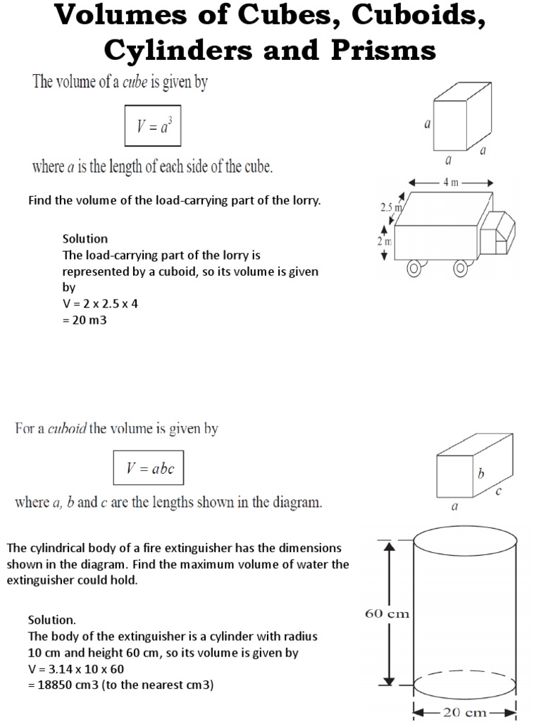 Volumes of Cubes, Cuboids, Cylinders (Aramae) | PDF