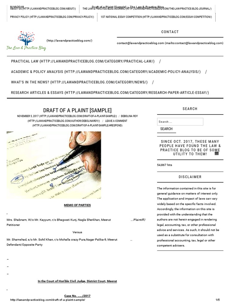 Draft of A Plaint (Sample) - The Law & Practice Blog | PDF | Eviction ...