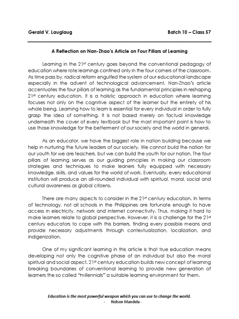 Reflection On Four Pillars of Learning | PDF | Applied Psychology ...
