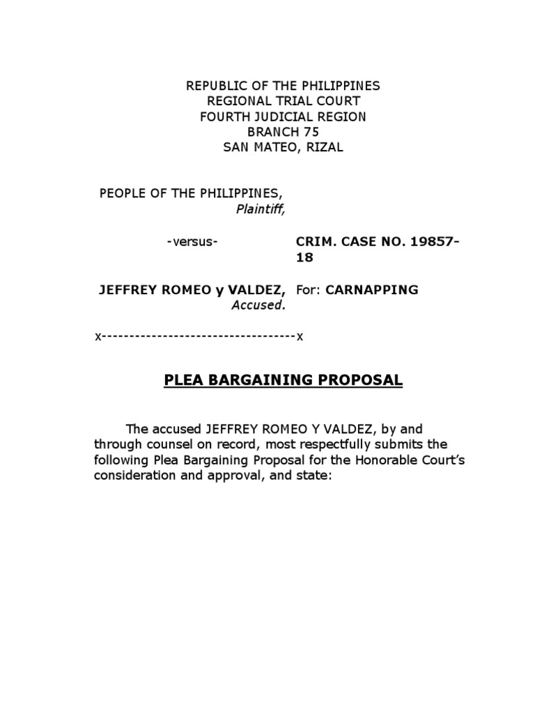 CRIM. CASE NO. 19857-18 Jeffrey Romeo Y Valdez,: Plea Bargaining Proposal | PDF