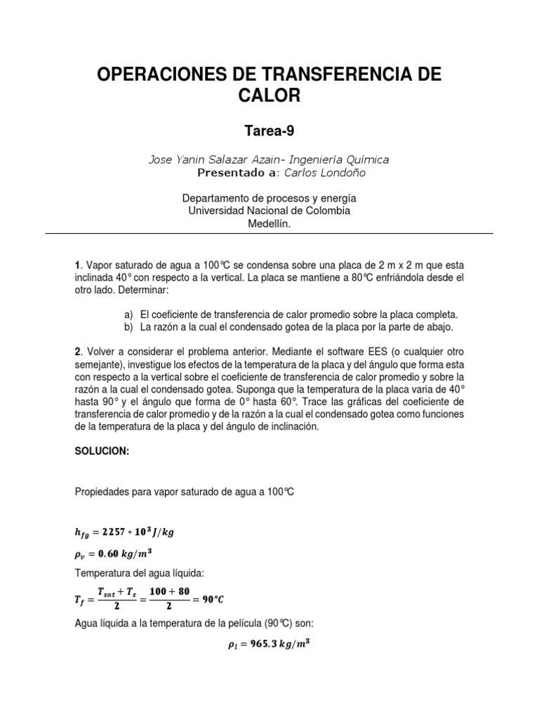 Tarea 9-OPERACIONES DE TRANSFERENCIA DE CALOR | PDF | Calor | Temperatura