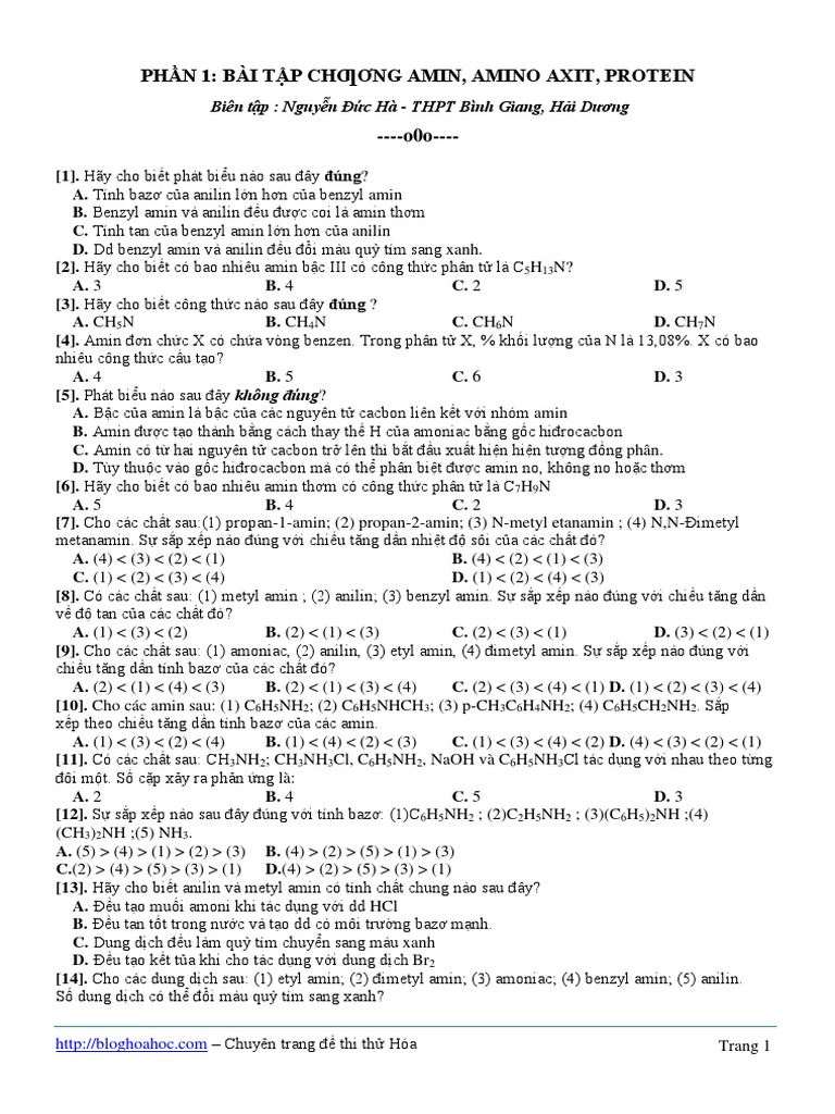 Bai Tap Amin Aminoaxit Protein Hay Co Dap An | PDF