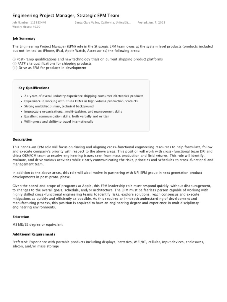 Apple - Engineering Project Manager - Strategy | PDF | Apple Inc ...