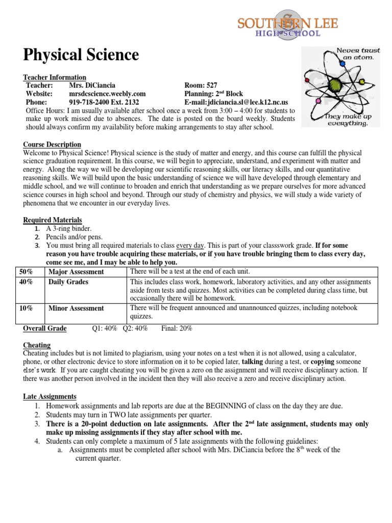Syllabus - Physical Science | PDF | Homework | Science