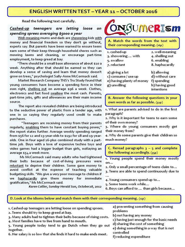 Teen Spending 11th Grade Test On Consumerism Listening | PDF