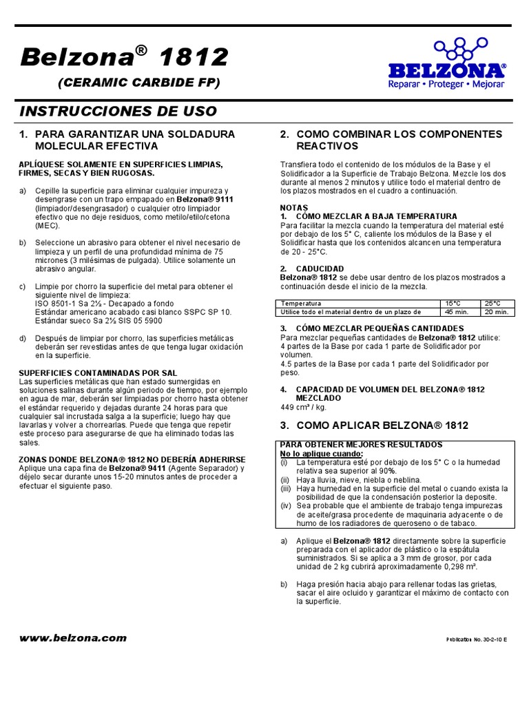 Belzona 1812: Instrucciones de Uso | PDF | Niebla | sal