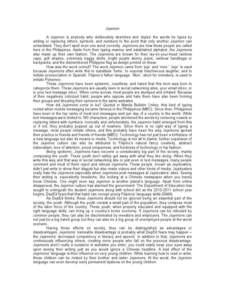 Essay On Jejemons | PDF | Text Messaging | Communication