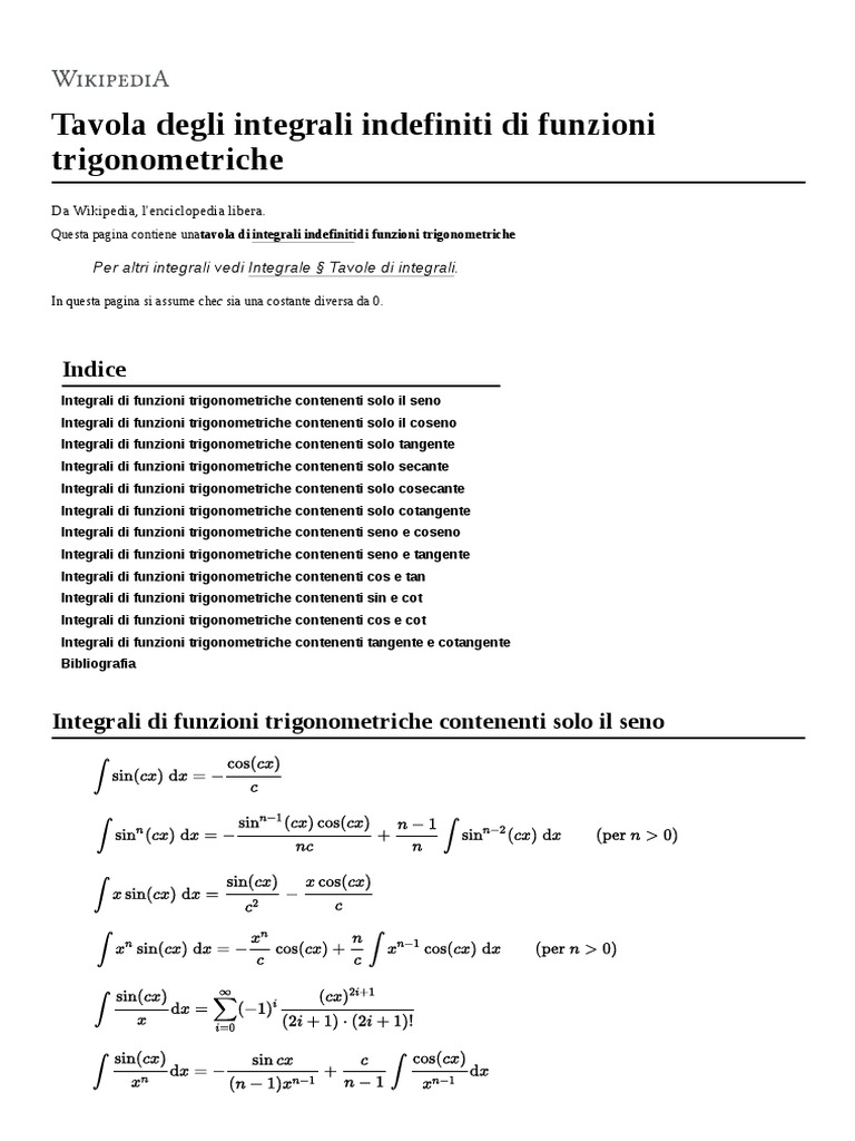 Tavola Degli Integrali Indefiniti Di Funzioni Trigonometriche | PDF