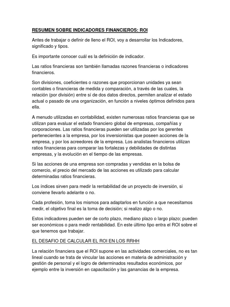 Resumen Sobre Indicadores Financieros Roi | PDF | Ratio financiero ...