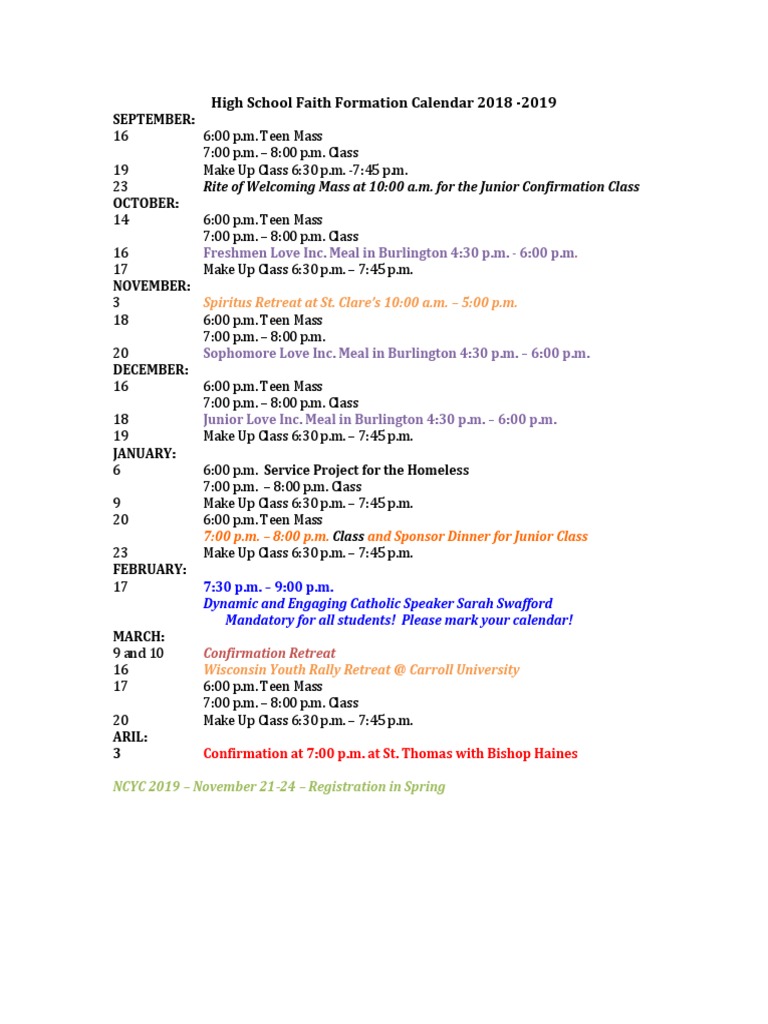 2018 - 2019 Faith Formation Calendar | PDF