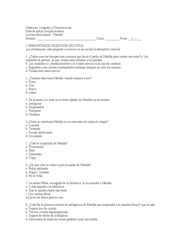 Prueba Matilda 1 | PDF | Lectura (proceso)