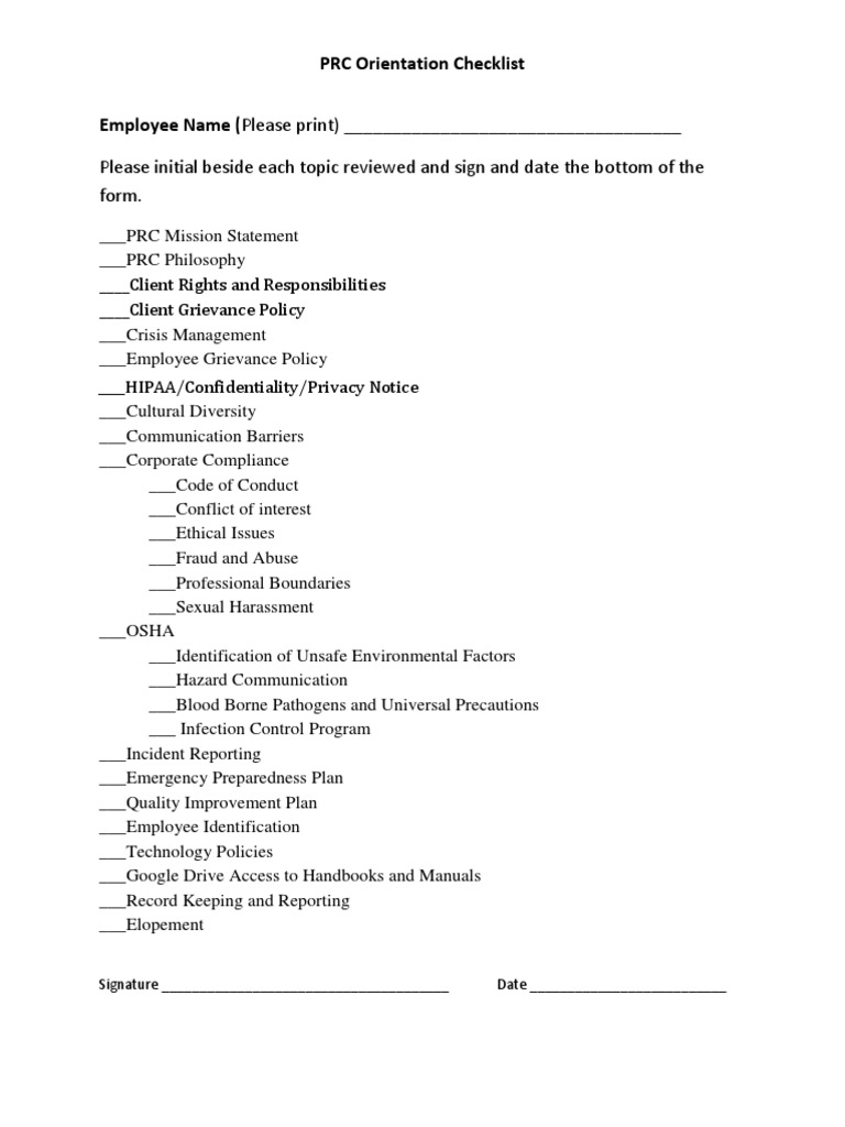 PRC Orientation Checklist 4 10 18 | PDF
