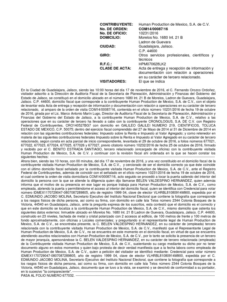 ACTA de Entrega de Infor. y Analisis Con Cierre HUMAN PRODUCTION de MEXICO Con 3ro | PDF ...