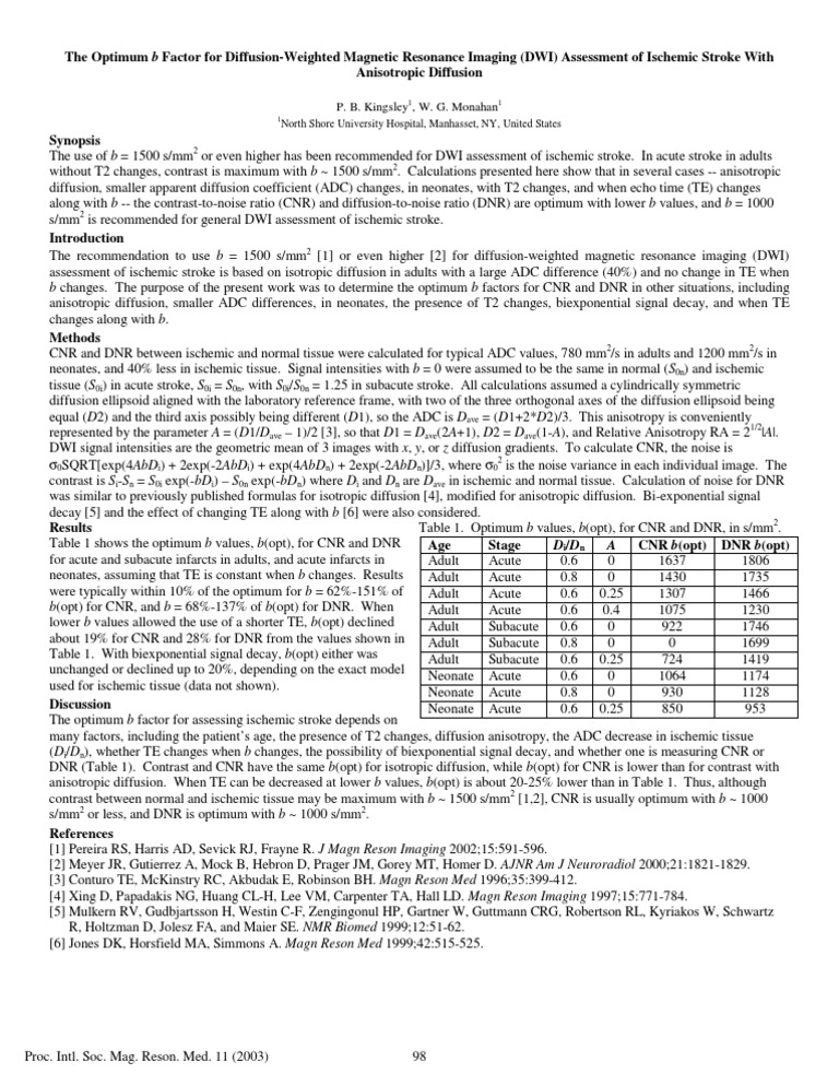 The Optimum B Factor For Diffusion-Weighted Magnetic Resonance Imaging ...