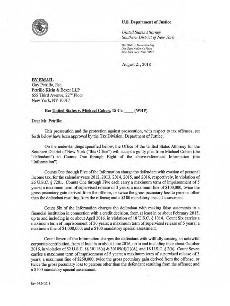 Michael Cohen Plea Agreement | PDF