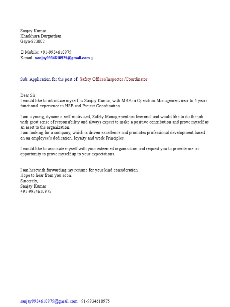 Sub: Application For The Post Of:: Safety Officer/Inspector ...
