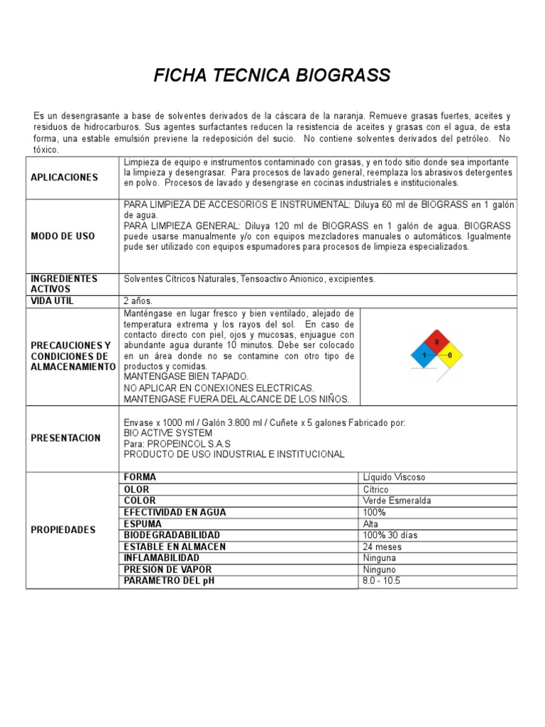 Ficha Técnica del Desengrasante Biograss | PDF | Tensioactivo | Solvente