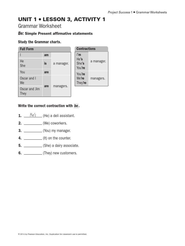 Unit 1 Lesson 3 Grammar Worksheet 1 | PDF