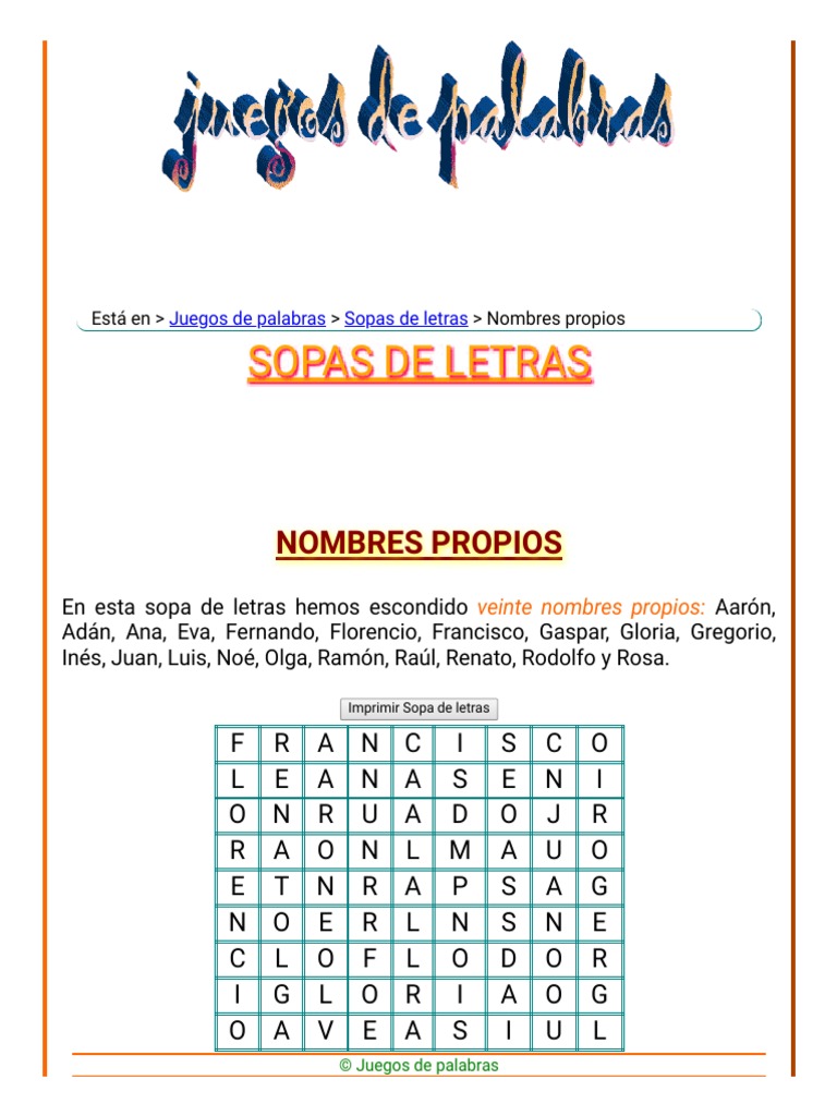 Sopas de Letras. Nombres Propios. Juegos de Palabras | PDF