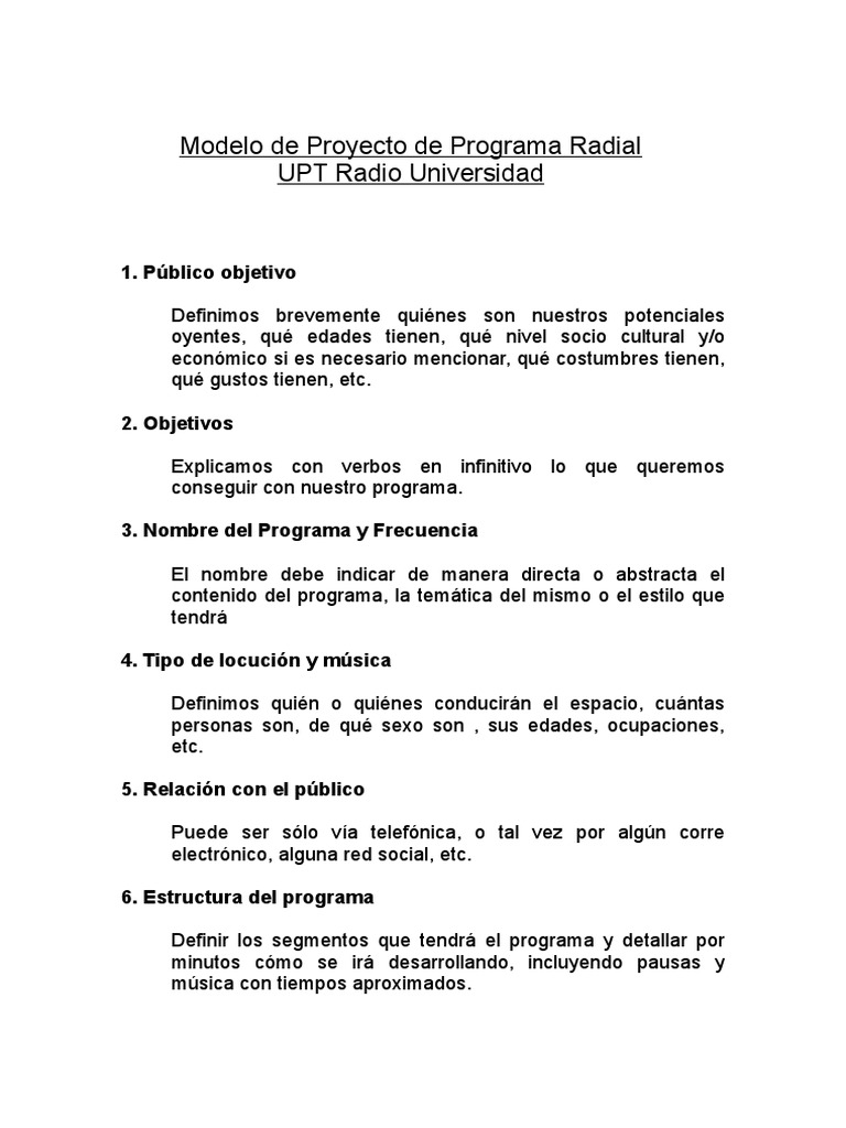 Modelo Proyecto de Programa Radial | PDF | Radio | Adultos