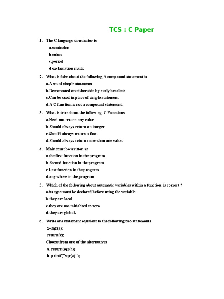 Tcs C Paper Pdf C Programming Language Variable Computer Science 