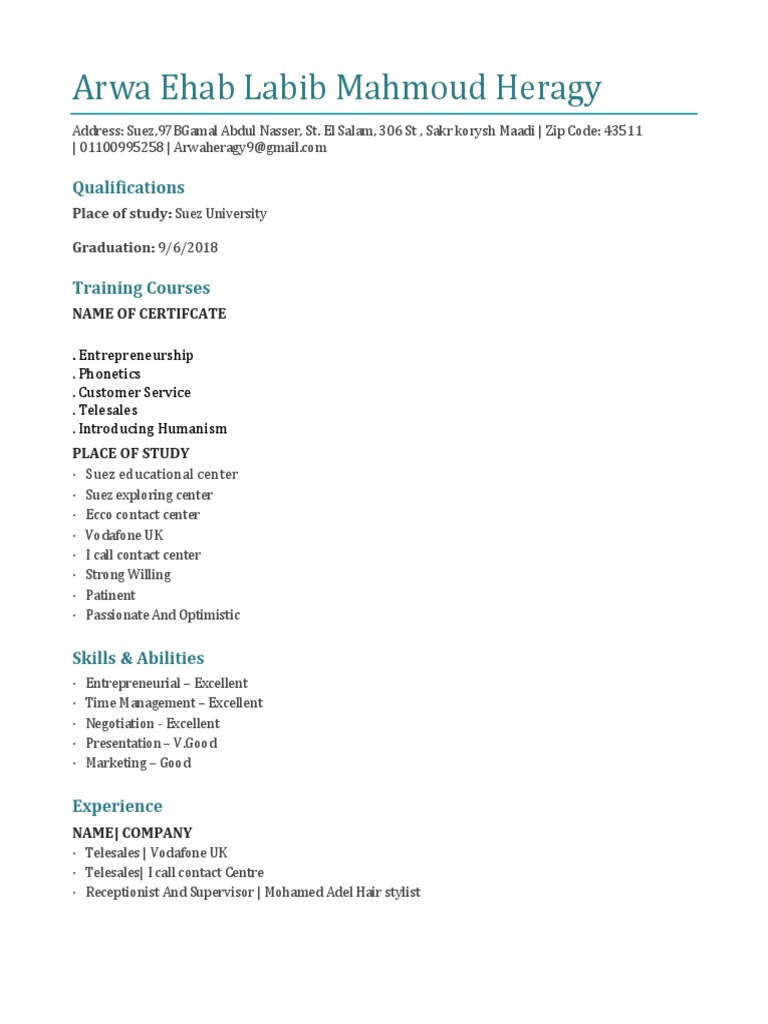 Arwa Ehab Labib Mahmoud Heragy CV | PDF