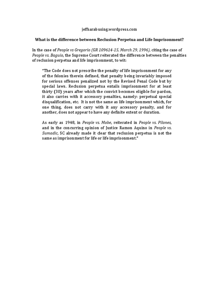 Criminal Law - Difference Between Reclusion Perpetua and Life ...