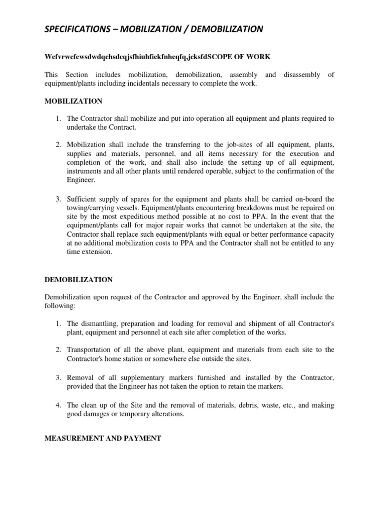 Specifications - Mobilization / Demobilization ...