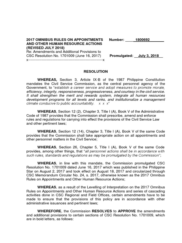 2017 omnibus rules on appointments and other human resource actions ...