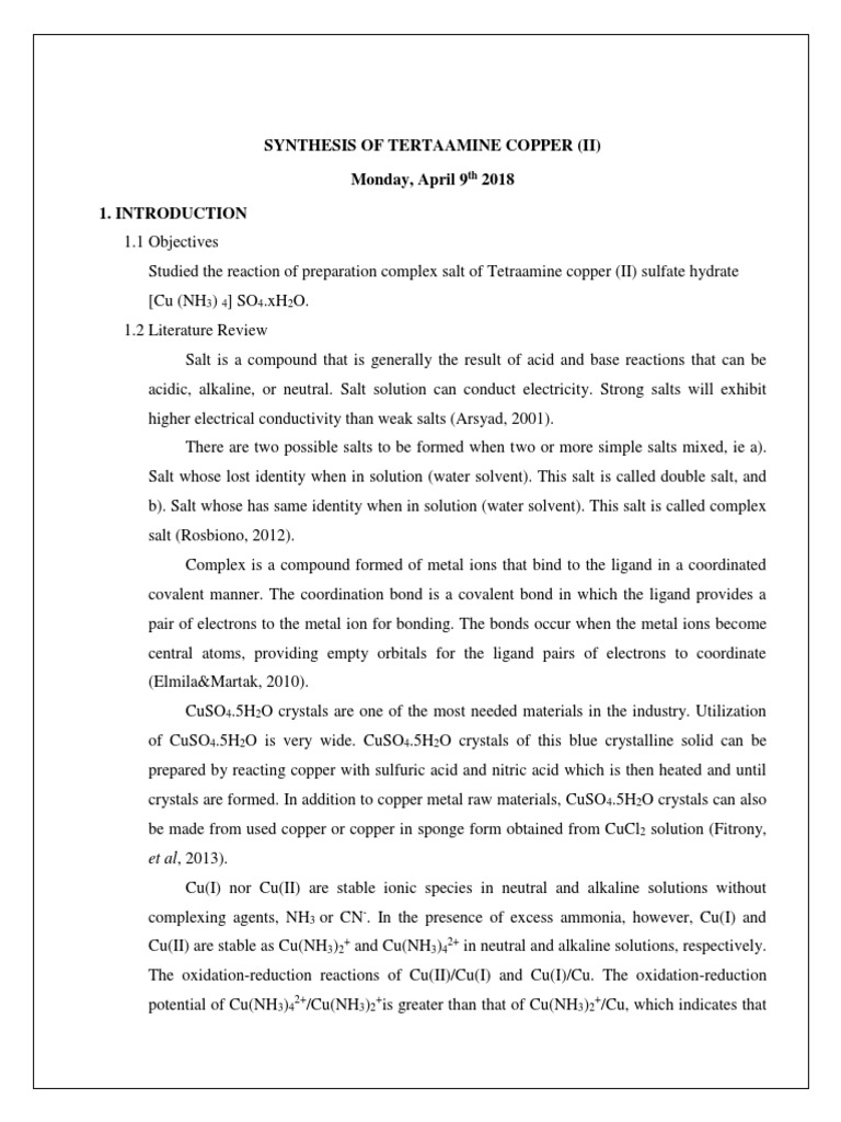 Laporan SYNTHESIS OF TERTAAMINE COPPER (II) | PDF | Coordination ...