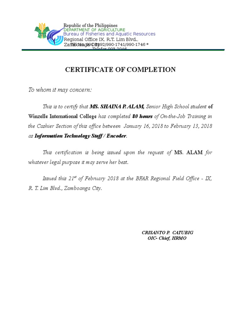 Certificate Of Completion Ojt Template
