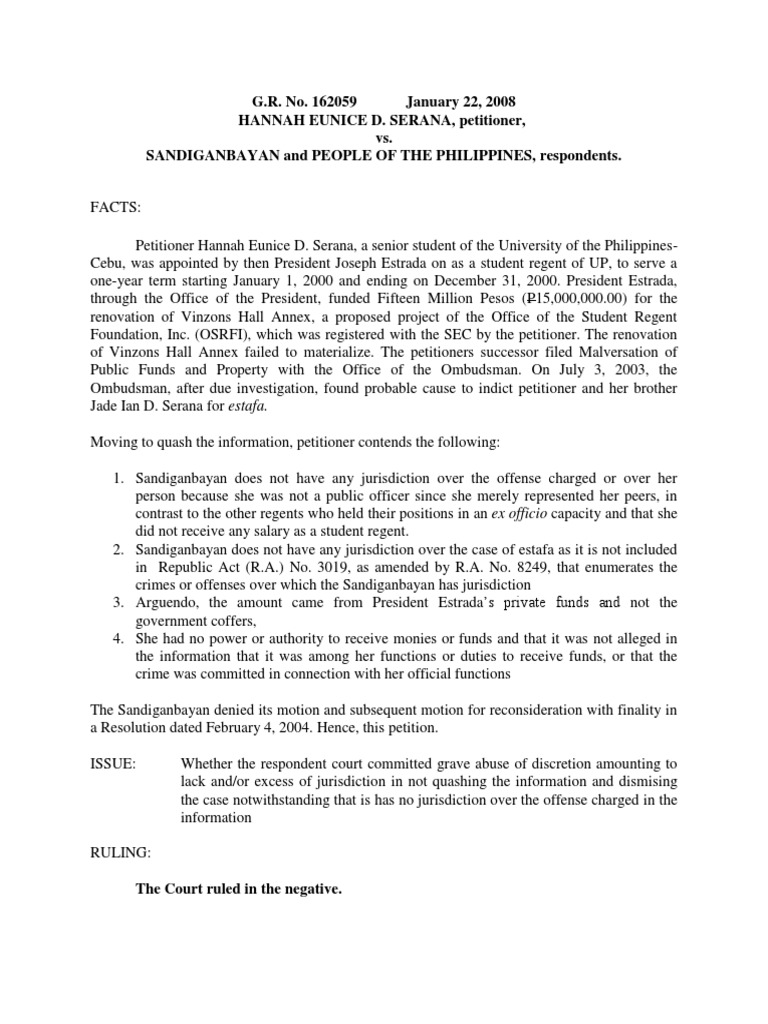 Serana vs. Sandiganbayan Ruling Analysis | PDF | Jurisdiction | Board ...