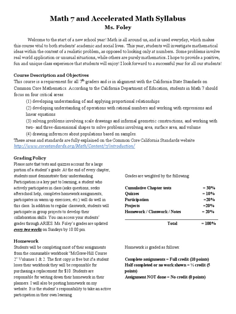 Common Core Math 7 Course Syllabus | PDF | Homework | Common Core State ...