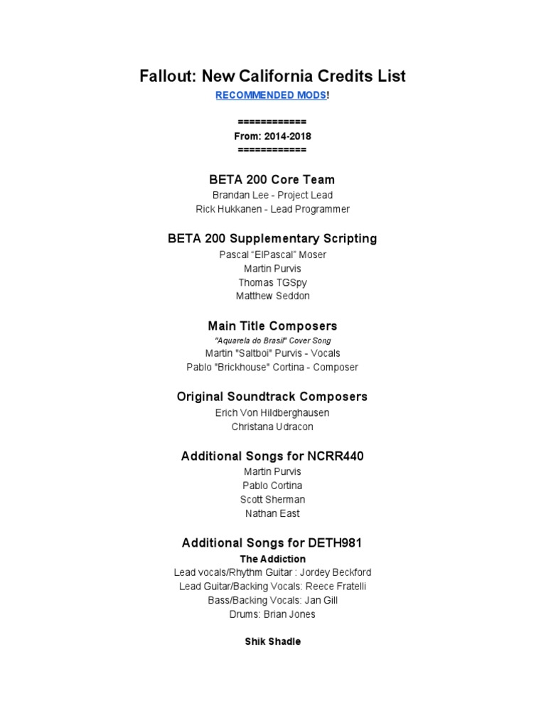 Fallout: New California Credits List | PDF