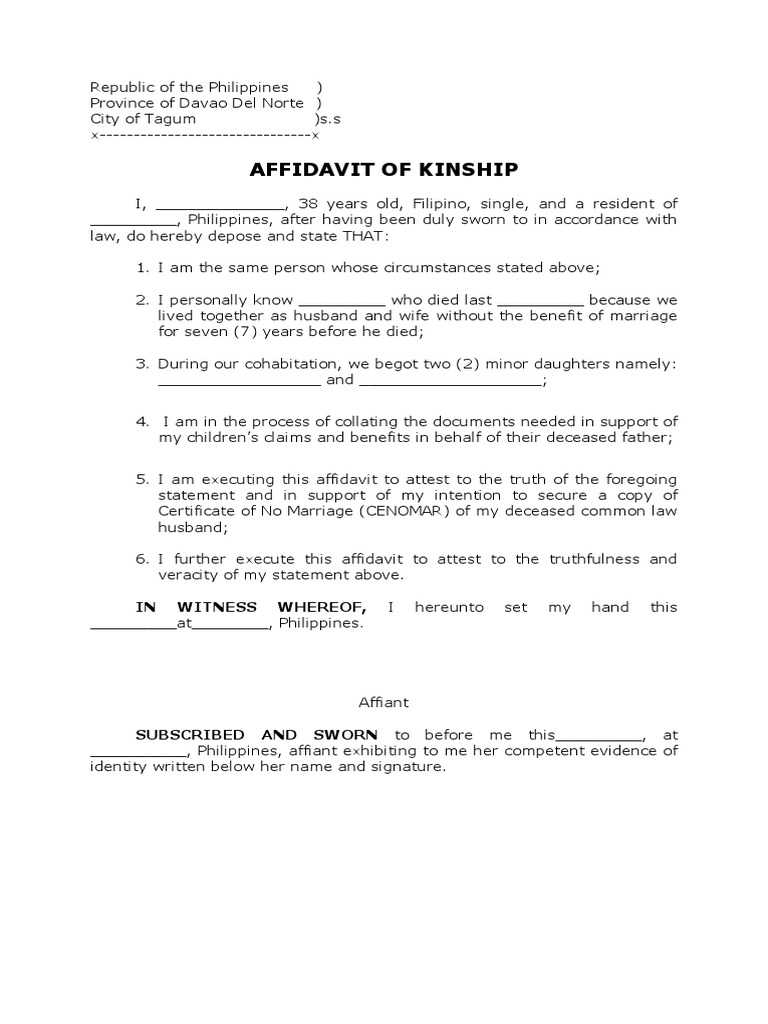 Affidavit of Kinship - Common Law Wife | PDF | Affidavit | Government Information