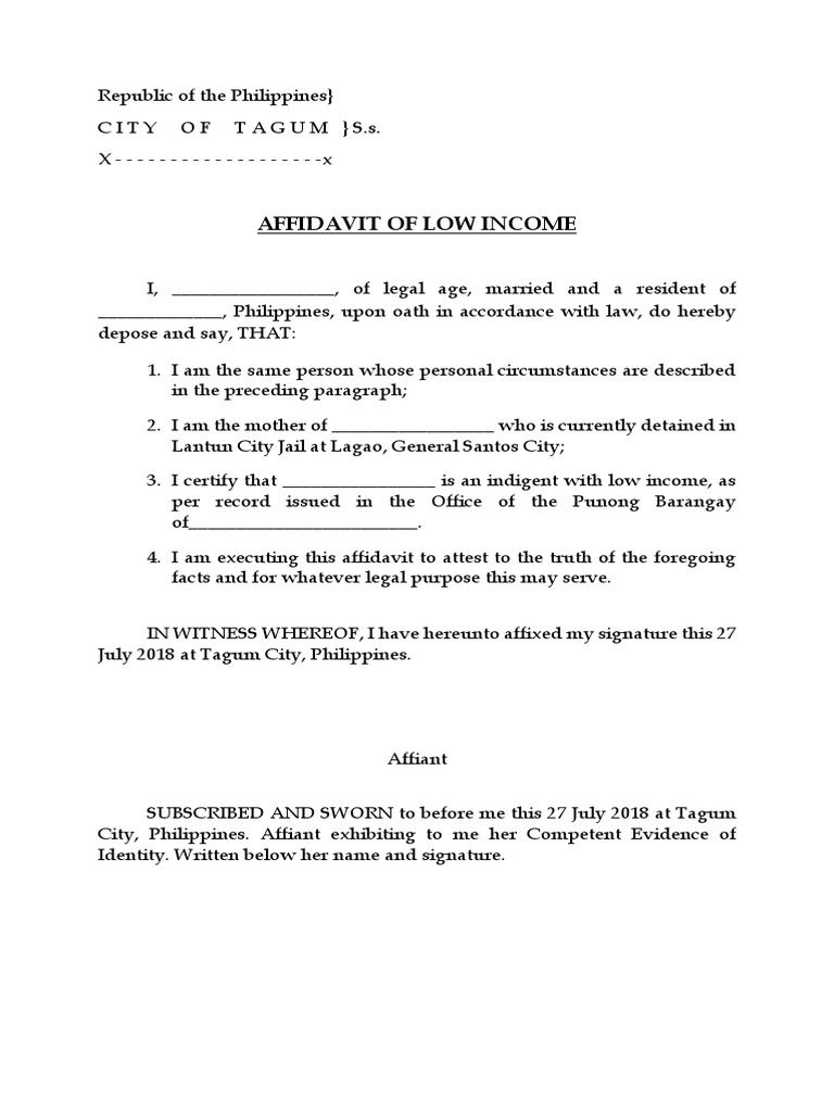 Affidavit of Low Income in Tagum City | PDF | Social Science