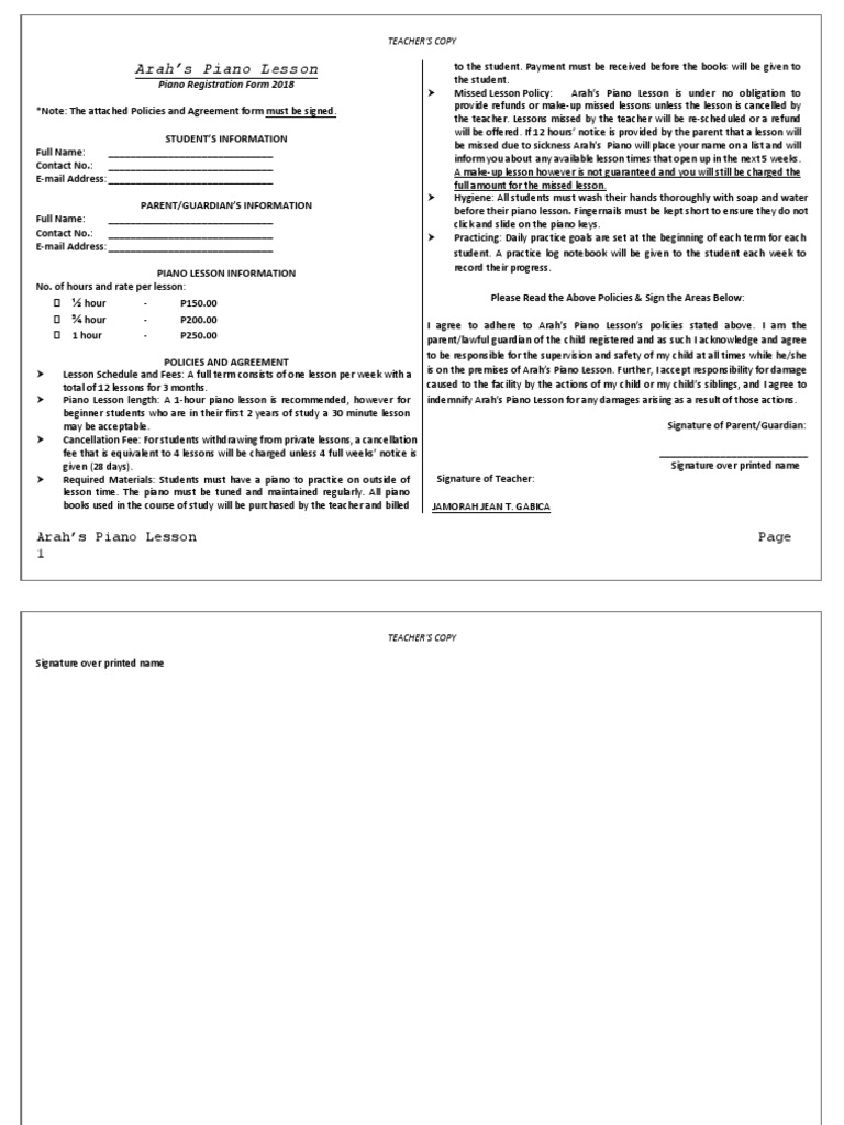Arah's Piano Lesson Registration Form | PDF | Teachers | Justice