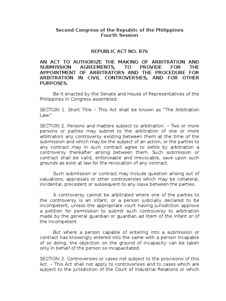 Ra 876 | PDF | Arbitration | Brief (Law)