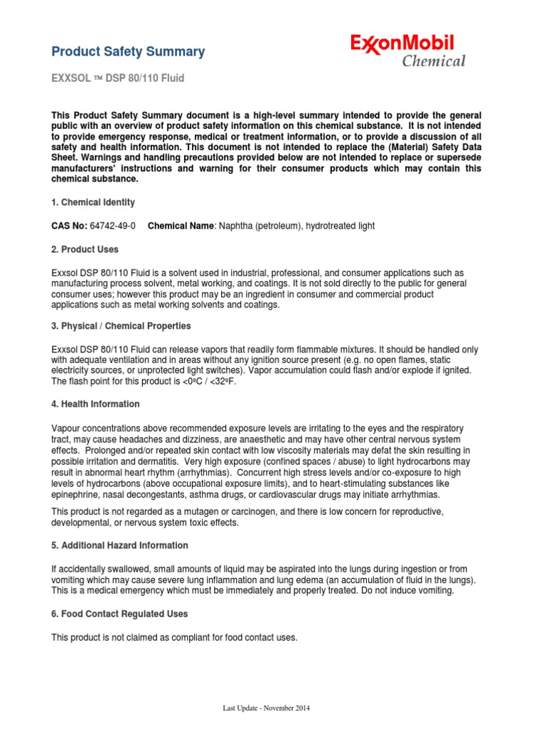 Exxsol Dsp 80 110 Product Safety Summarypdf | Hypothermia | Exxon Mobil